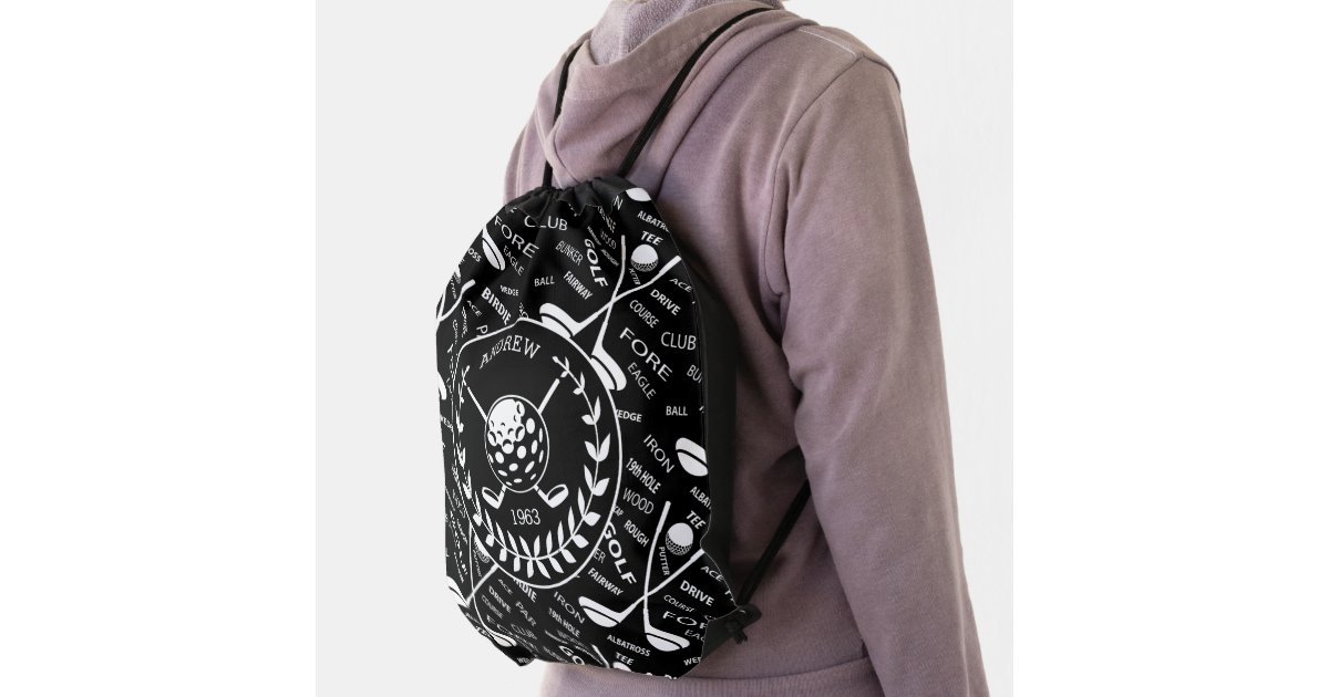 Personalized golfer stylish golf logo drawstring bag | Zazzle