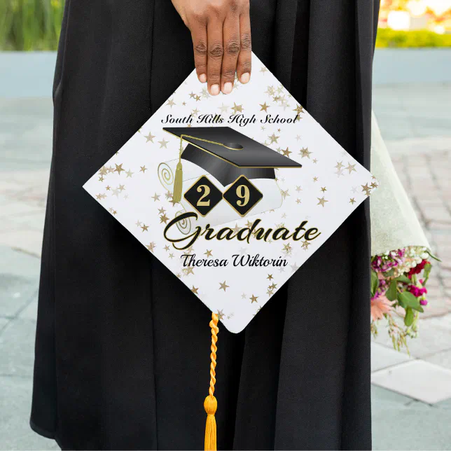 Personalized Graduate Black & Gold Graduation Cap Topper | Zazzle