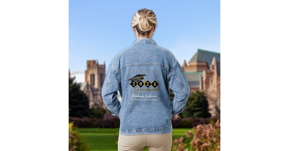 Personalized Graduation Cap Black Gold Denim Jacket | Zazzle