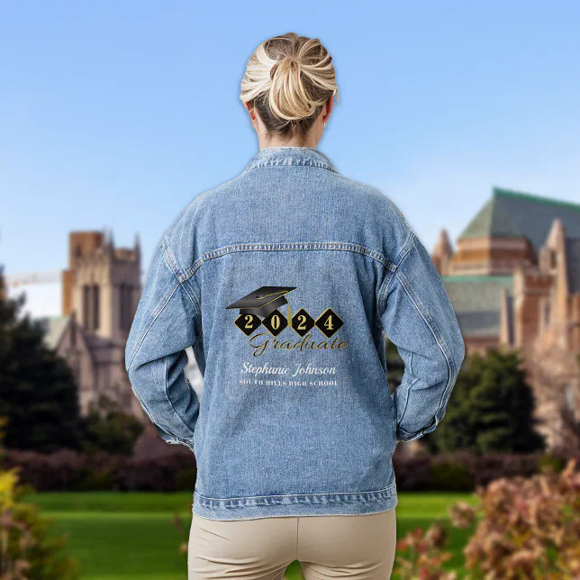 Personalized Graduation Cap Black Gold Denim Jacket | Zazzle