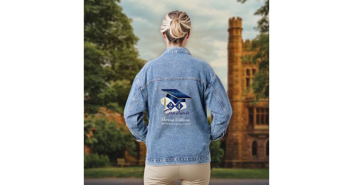Personalized Graduation Cap Blue Gold Denim Jacket | Zazzle