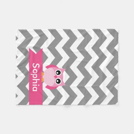 Personalized Gray Chevron Pink Owl Fleece Blanket | Zazzle