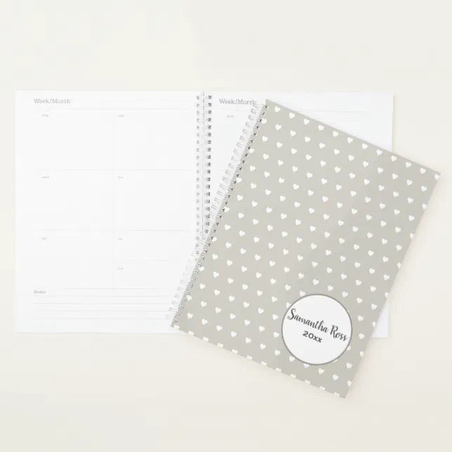 Personalized Gray with White Heart Pattern Planner | Zazzle