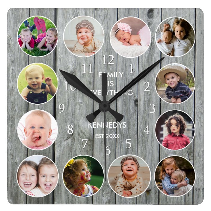 Personalized Gray Wood 12 Family Photo Collage Square Wall Clock ...