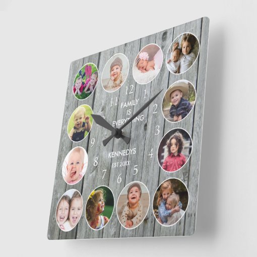 Personalized Gray Wood 12 Family Photo Collage Square Wall Clock | Zazzle