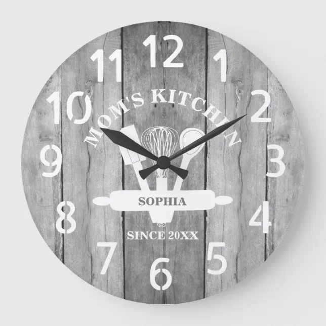 Personalized Gray Wood Farmhouse Mom's Kitchen Large Clock | Zazzle