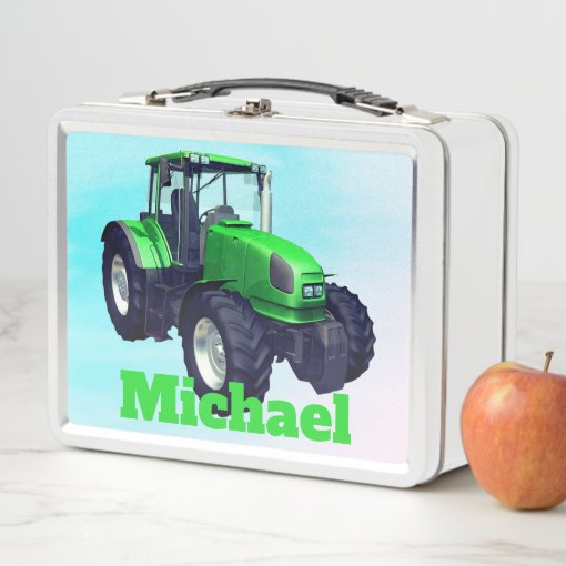 Personalized Green Farm Tractor Metal Lunch Box | Zazzle
