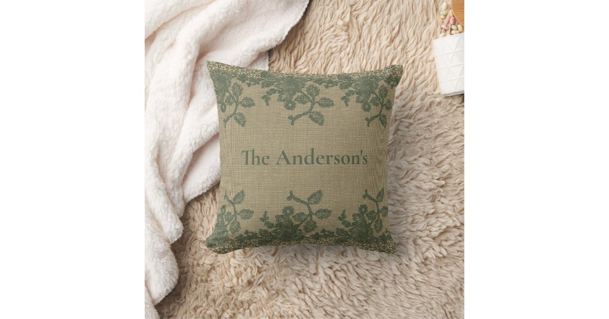 Personalized Green Leaves Lace Tan Rustic Country Throw Pillow | Zazzle