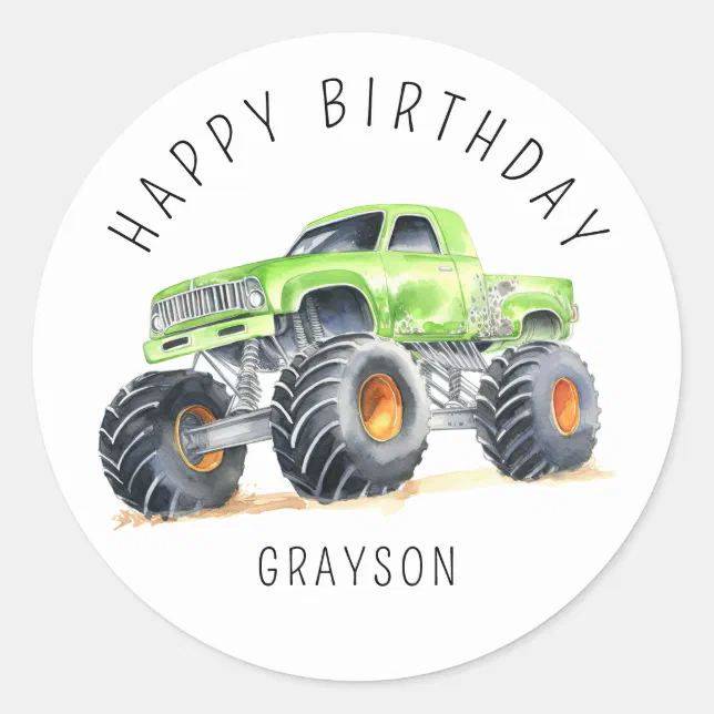 Personalized Green Monster Truck Birthday Gift Classic Round Sticker ...