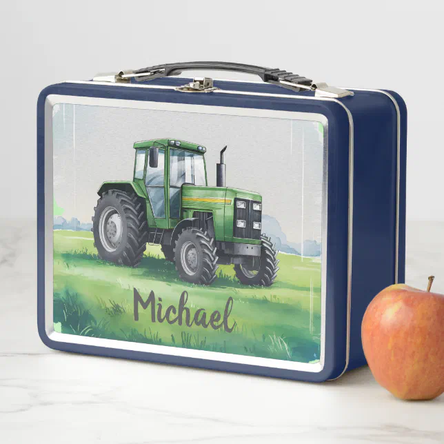 Personalized Green Tractor Farm Watercolor Kids Metal Lunch Box | Zazzle