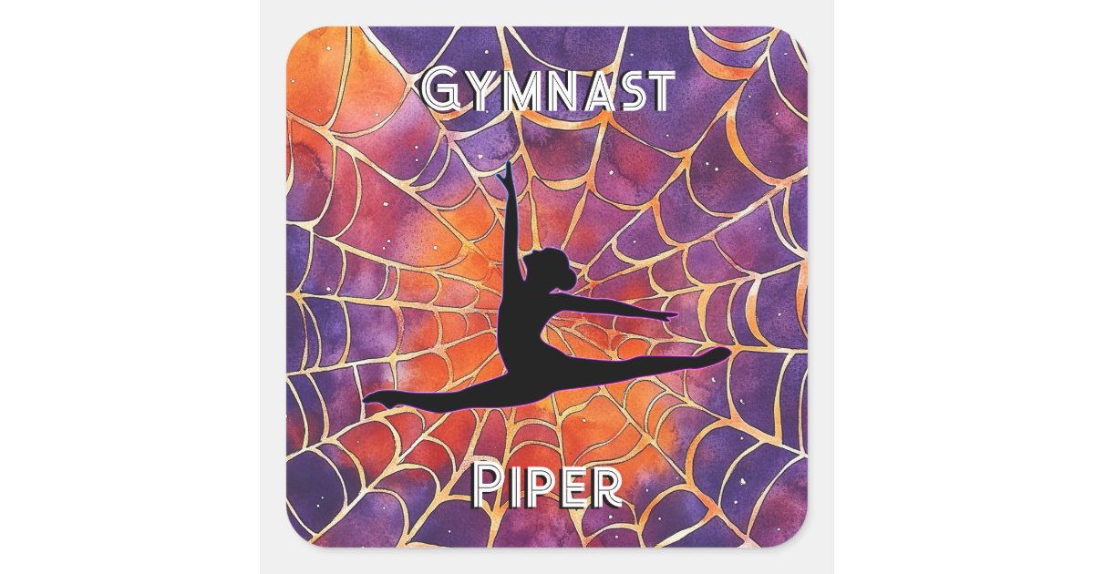 Personalized Gymnastics Halloween Spiderweb Square Sticker | Zazzle