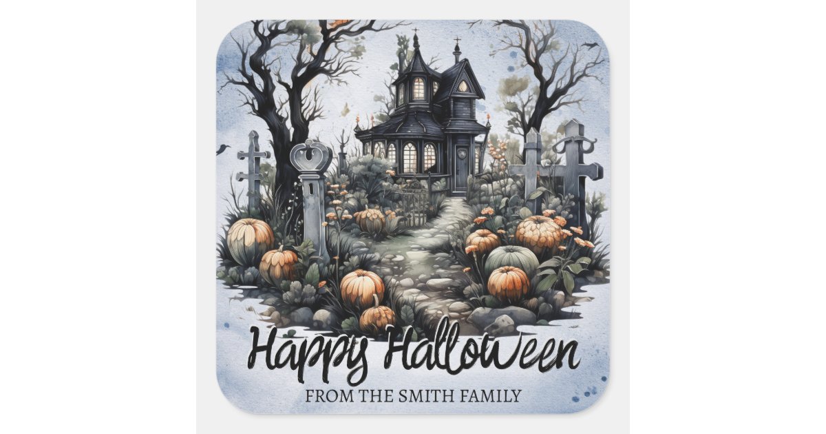 Personalized Halloween Haunted House Square Sticker | Zazzle