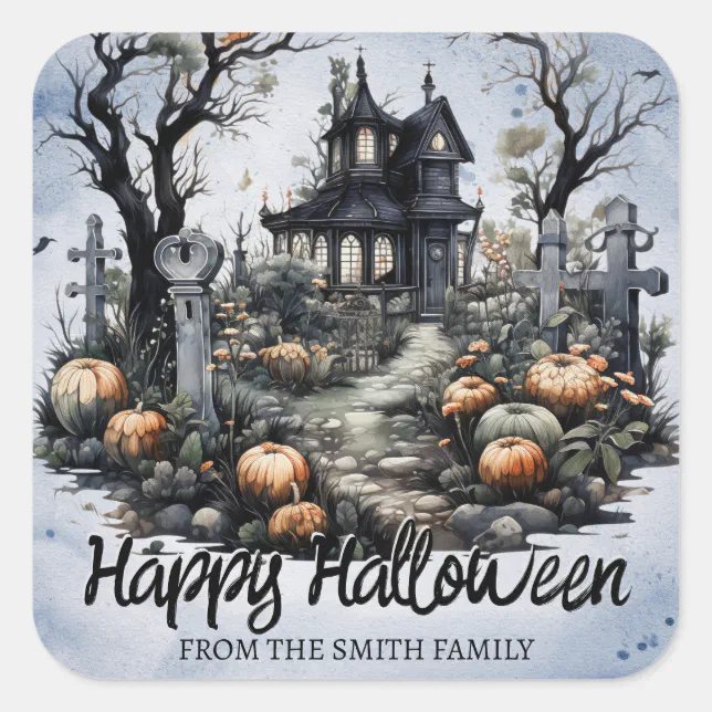 Personalized Halloween Haunted House Square Sticker | Zazzle