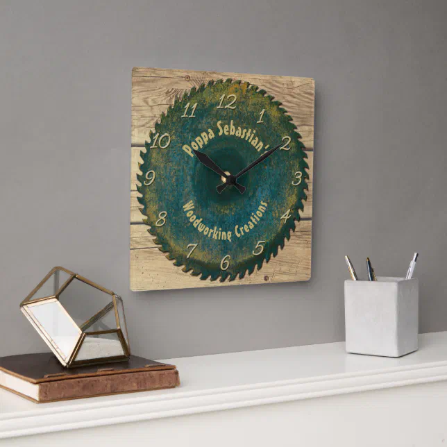 Personalized Handyman Woodworking Rustic Saw Blade Square Wall Clock ...