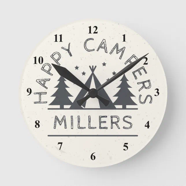 Personalized Happy Campers | Rustic Tent Camping Round Clock | Zazzle
