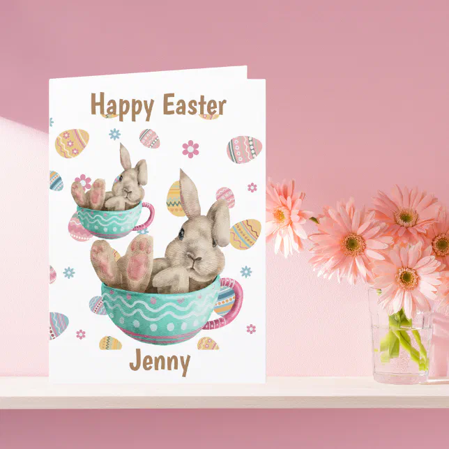 Personalized Happy Easter Bunny Sitting In Teacups Holiday Card | Zazzle