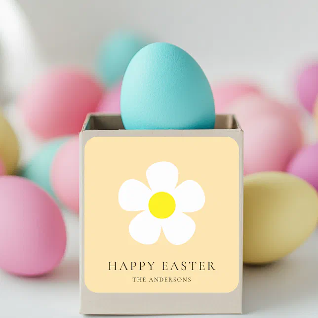 Personalized Happy Easter Yellow Daisy Square Sticker | Zazzle