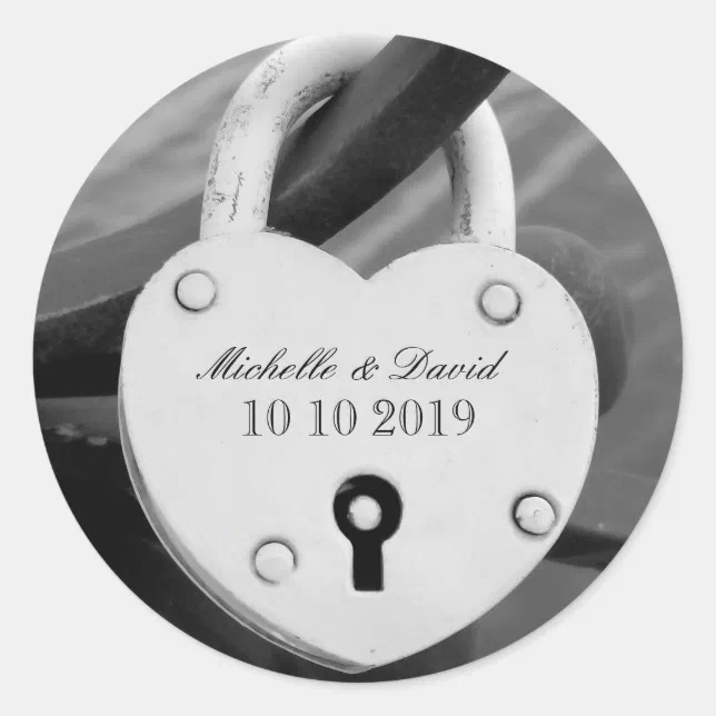 Personalized heart love lock wedding date stickers | Zazzle