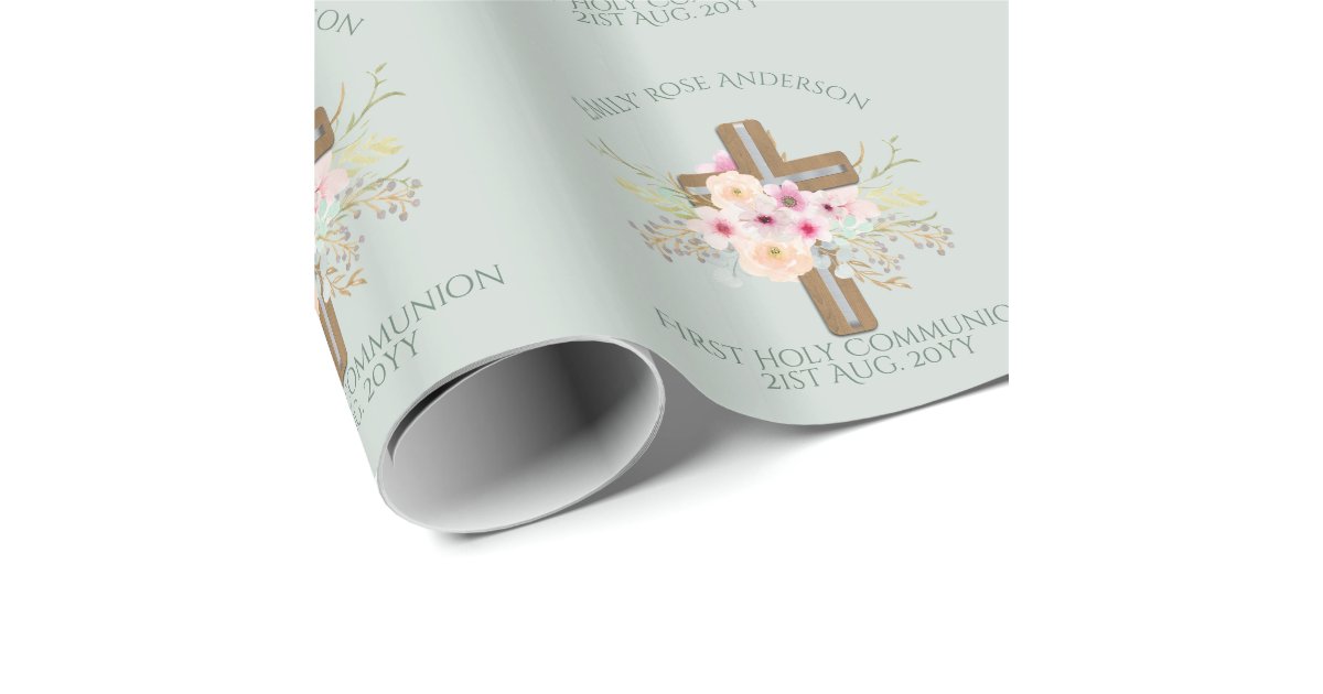 Personalized Holy Communion Floral Cross Wrapping Paper | Zazzle
