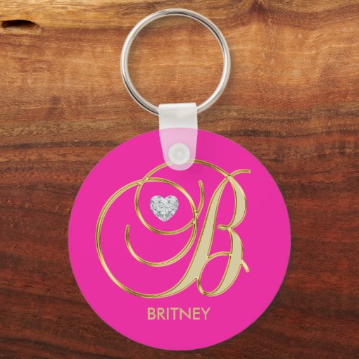 Personalized Hot Pink Gold Monogrammed Letter B Keychain | Zazzle