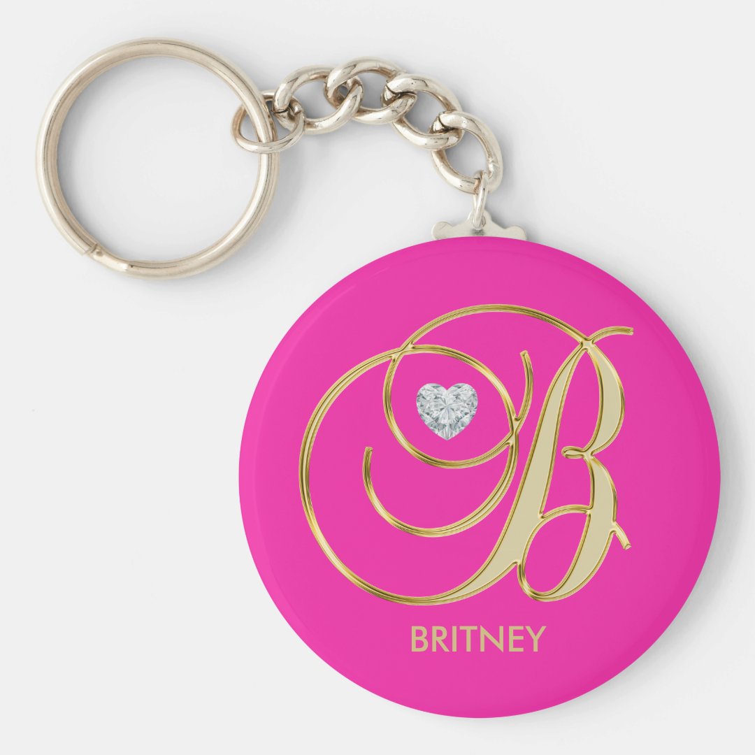 Personalized Hot Pink Gold Monogrammed Letter B Keychain | Zazzle