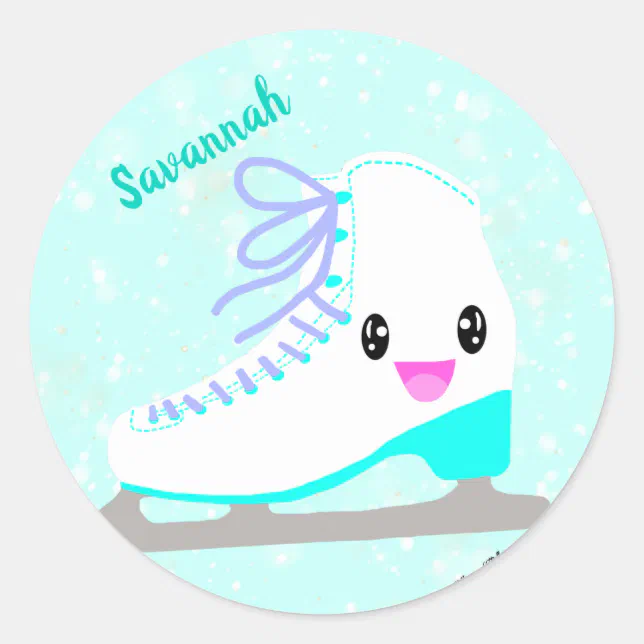 Personalized Ice Skating Blue Kawaii Figure Skater Classic Round ...
