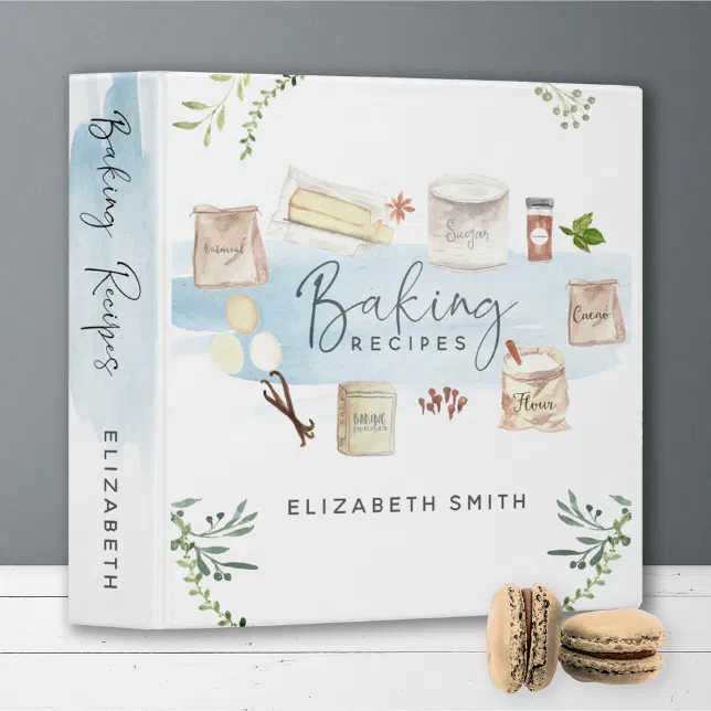 Personalized Illustrated Watercolor Baking Recipes 3 Ring Binder | Zazzle