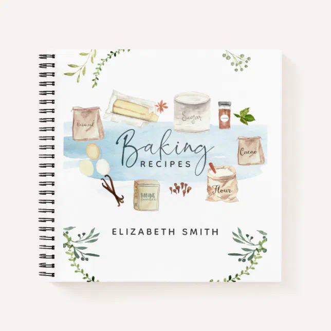 Personalized Illustrated Watercolor Baking Recipes Notebook | Zazzle