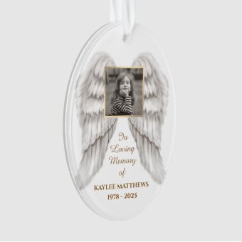 Personalized In Memory Memorial Angel Wings Photo Ornament | Zazzle