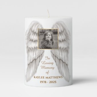 Personalized In Memory Memorial Angel Wings Photo Pillar Candle | Zazzle