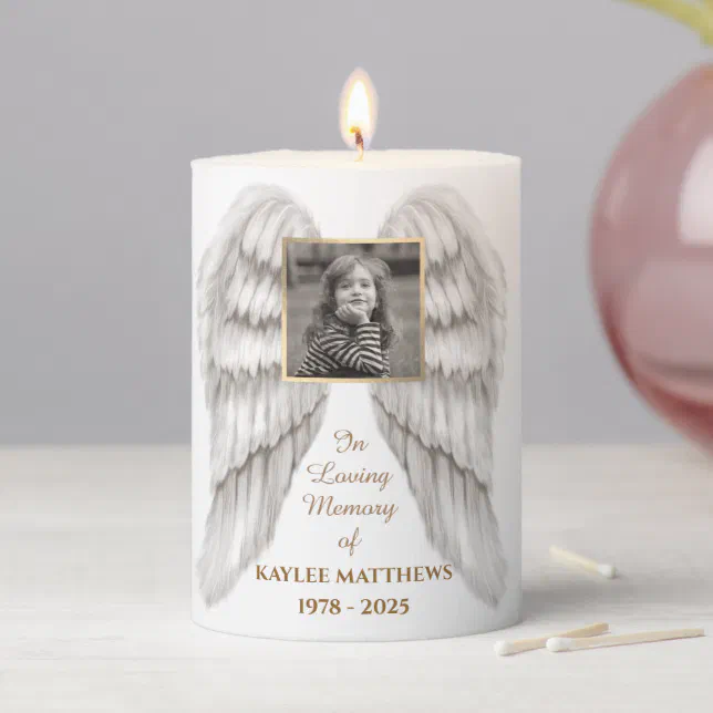 Personalized In Memory Memorial Angel Wings Photo Pillar Candle | Zazzle