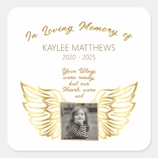 Personalized In Memory Memorial Angel Wings Photo Square Sticker | Zazzle
