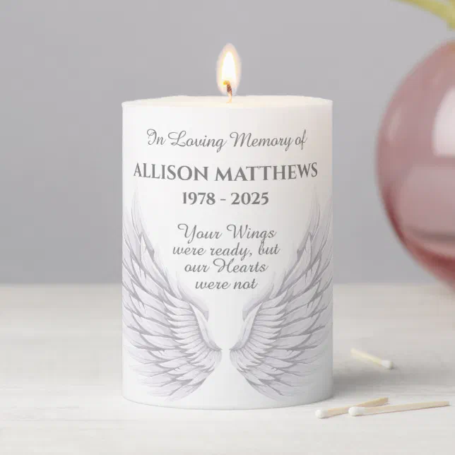 Personalized In Memory Memorial Angel Wings Pillar Candle | Zazzle