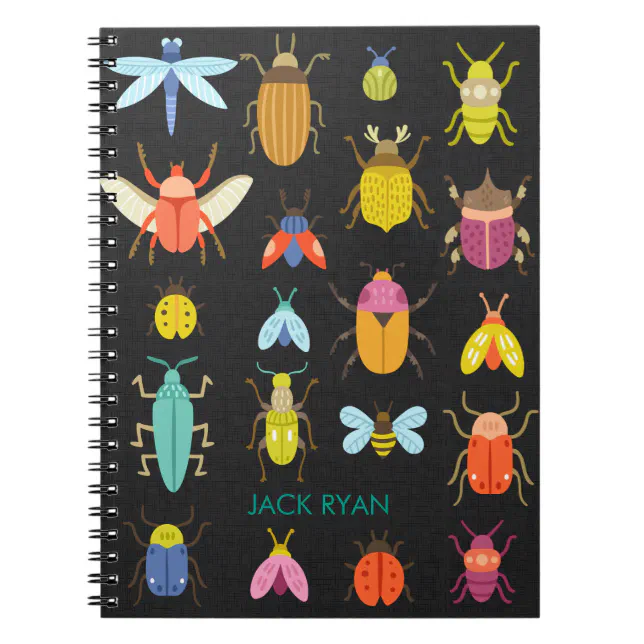 PERSONALIZED INSECT BUGS BLACK LINEN NOTEBOOK | Zazzle