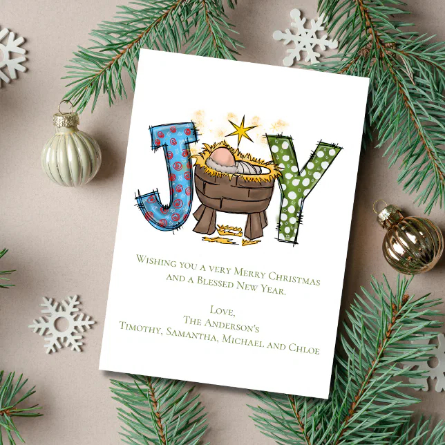 Personalized Joy Baby Jesus Religious Christmas Holiday Card | Zazzle