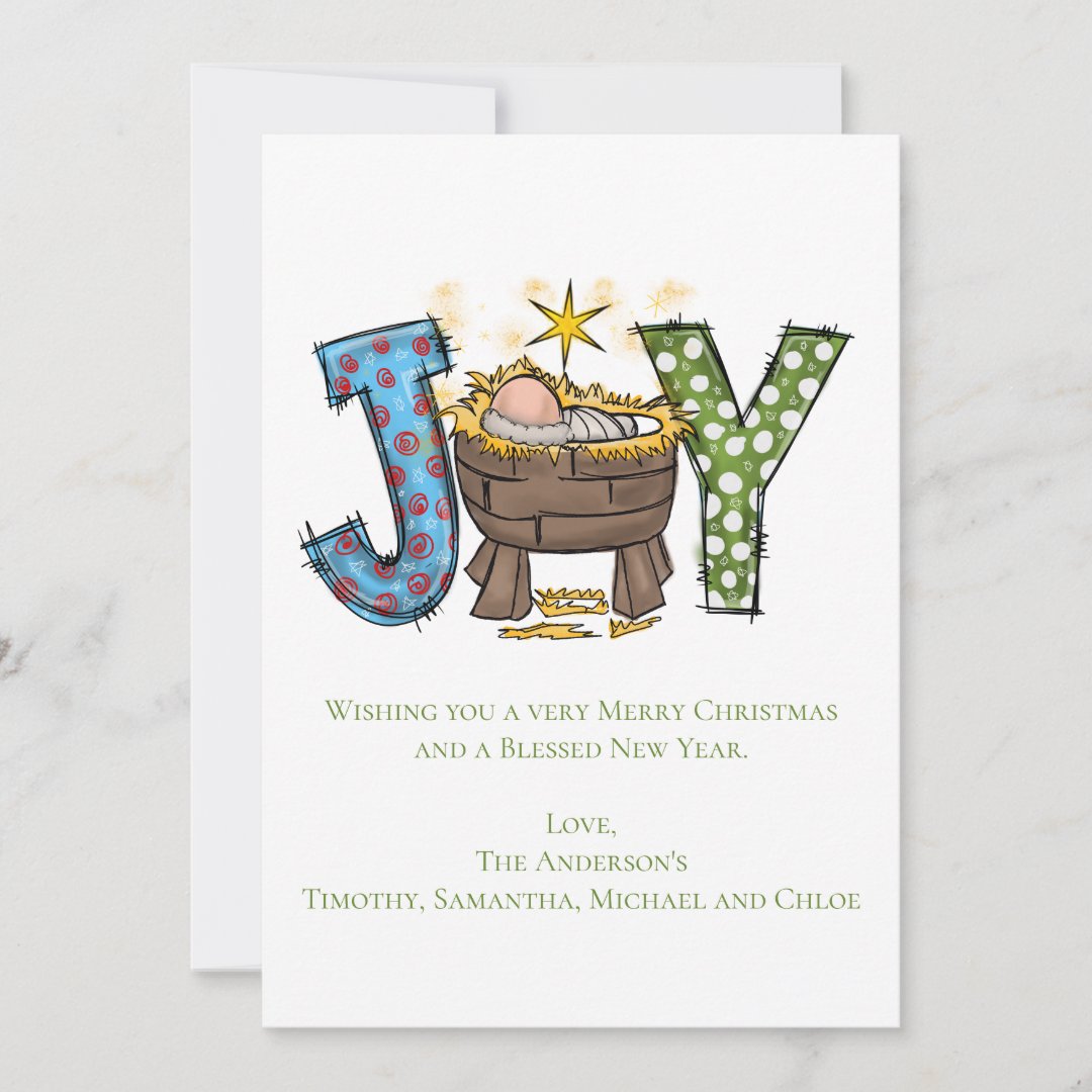 Personalized Joy Baby Jesus Religious Christmas Holiday Card | Zazzle