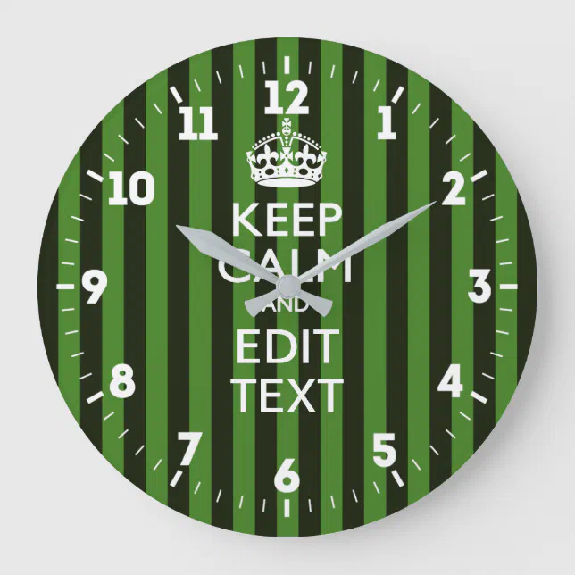 Personalized Keep Calm Get Your Text Green Stripes Large Clock | Zazzle