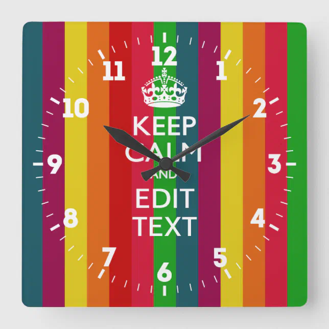 Personalized Keep Calm Your Text Rainbow Stripes Square Wall Clock | Zazzle