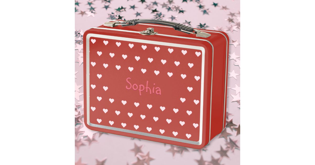Personalized Kids Girls Name Pink Hearts School Metal Lunch Box | Zazzle