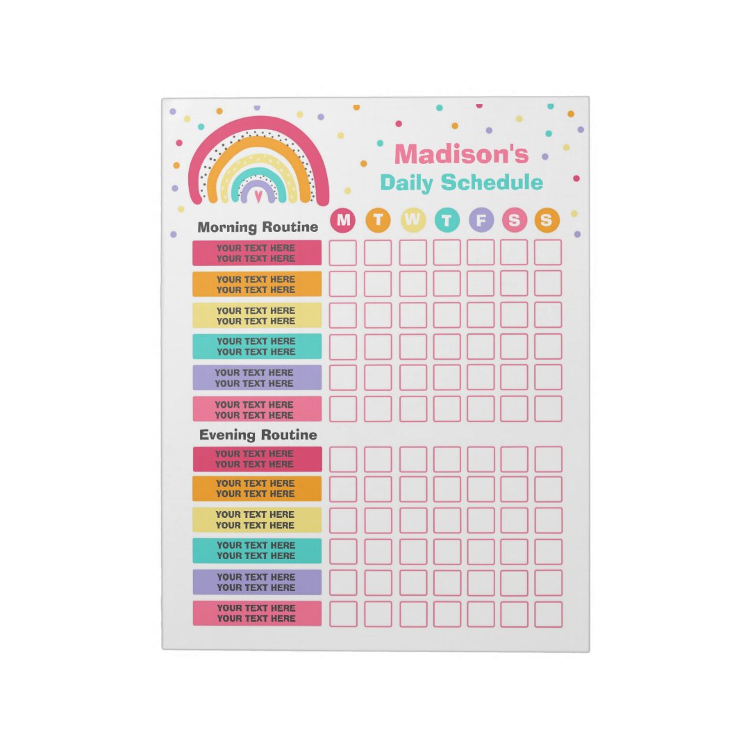 Personalized Kids Rainbow Daily Schedule Routine Notepad | Zazzle
