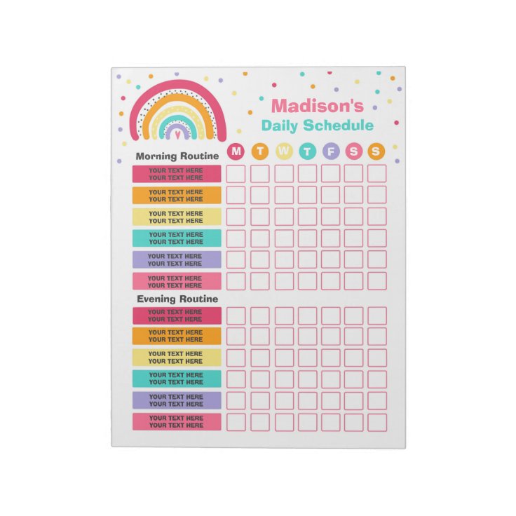 Personalized Kids Rainbow Daily Schedule Routine Notepad | Zazzle
