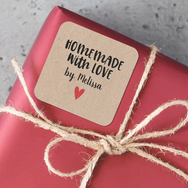 Personalized Kraft Homemade With Love Square Sticker | Zazzle