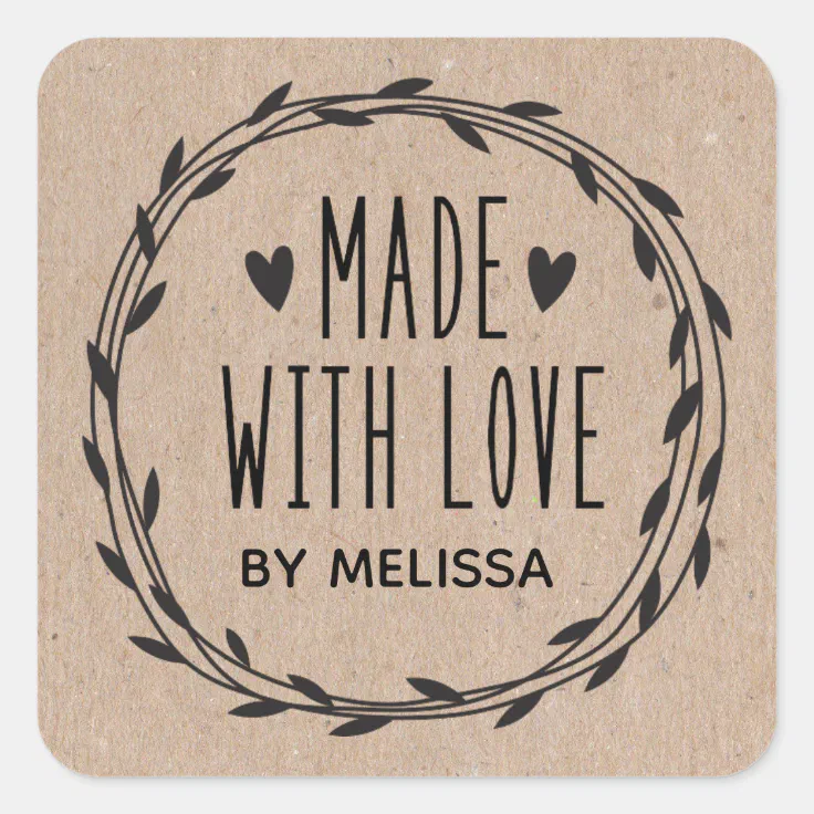 Personalized Kraft Made With Love Square Sticker | Zazzle