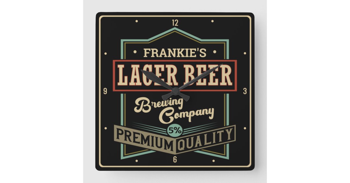 Personalized Lager Beer Brewing Co Label Bar Pub Square Wall Clock | Zazzle