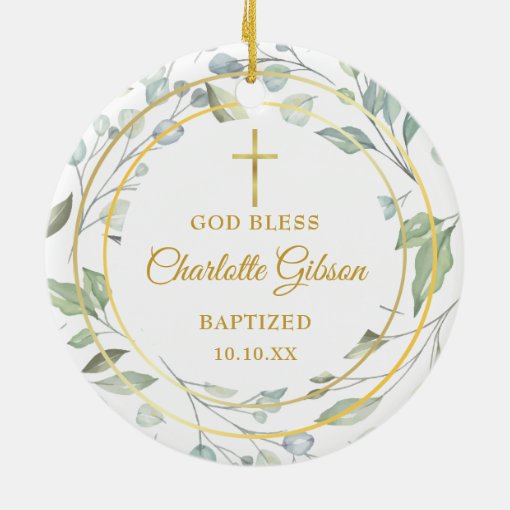 Personalized Laurel Garland Gold Boy Girl Baptism Ceramic Ornament | Zazzle