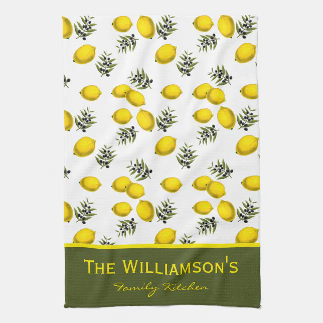 Personalized Lemon and Olive Pattern Kitchen Towel | Zazzle