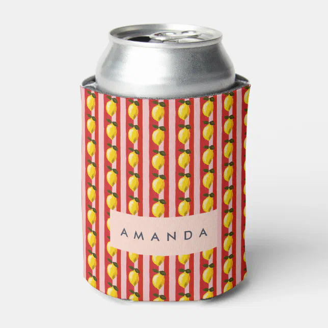 Personalized Lemon Stripe Pattern Yellow Lemons Can Cooler | Zazzle