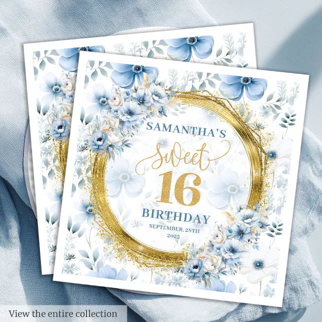 Personalized Light Blue Sweet Sixteen Gold Glitter Napkins | Zazzle