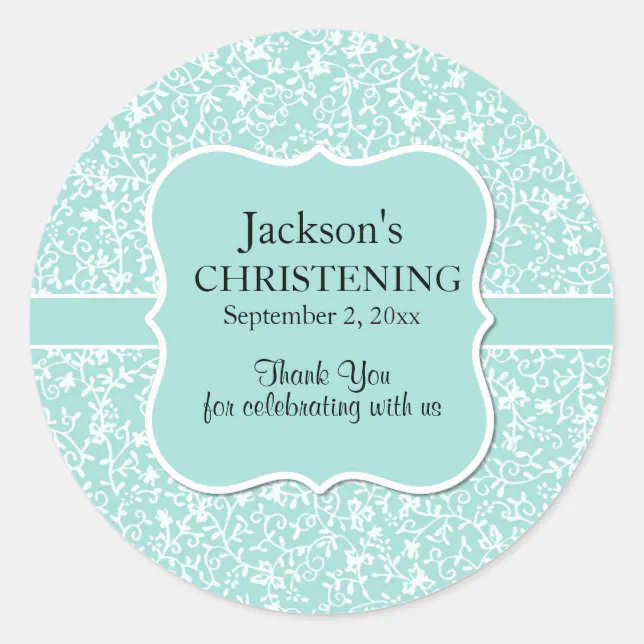 Personalized Light Blue & White Floral Christening Classic Round ...