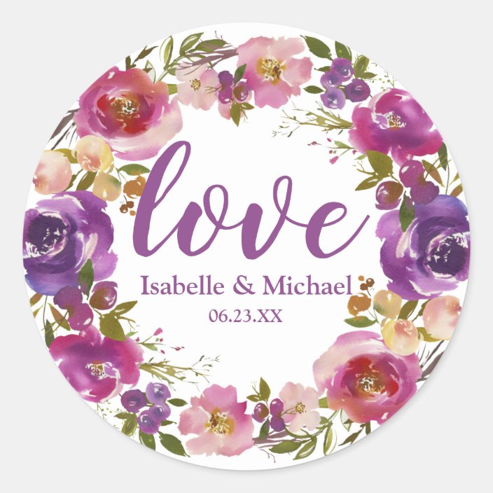 Personalized Love Wedding Purple Floral Wreath Classic Round Sticker ...